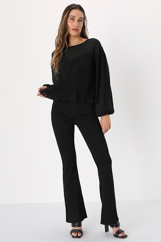 Black Long Sleeve Top - Sheer Décolletage Top - Tie-Back Top - Lulus