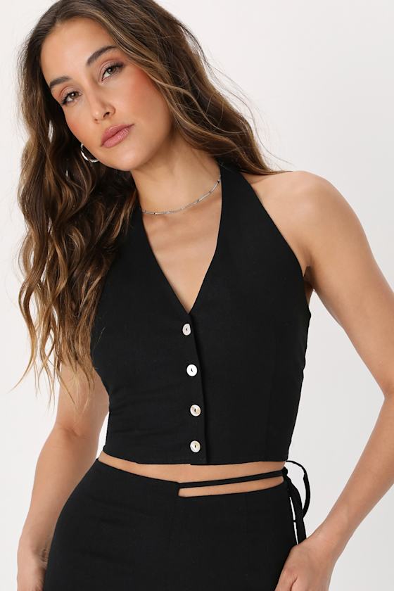 Black Linen Top - Button-Up Halter Top - Linen Halter Top - Vest - Lulus