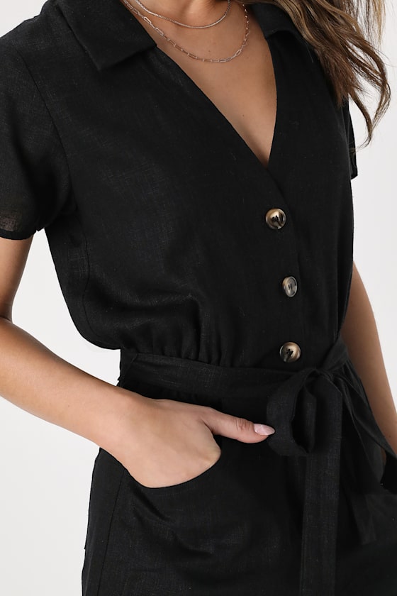 Black Romper - Short Sleeve Romper - Button-Front Romper - Lulus