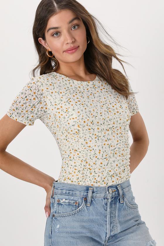 Ivory Lace Bodysuit - Floral Print Bodysuit - Ruched Bodysuit - Lulus