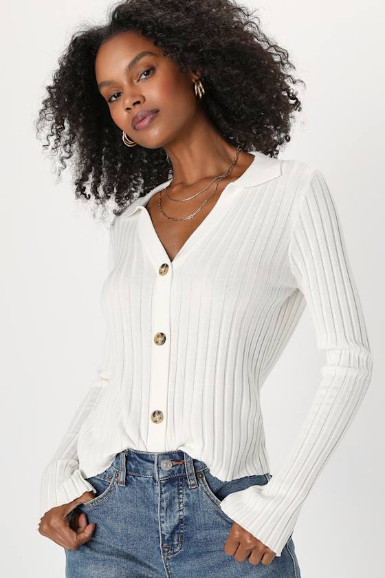 Ivory Sweater Top - Ribbed Knit Top- Ivory Button-Up Sweater Top - Lulus