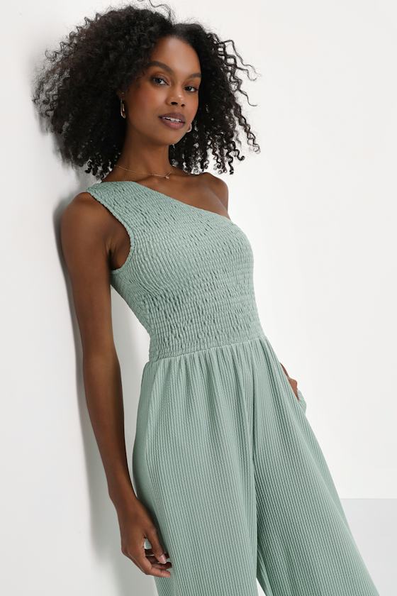 Smocked Jumpsuit - Knit Jumpsuit - Green One-Shoulder Jumpsuit - Lulus