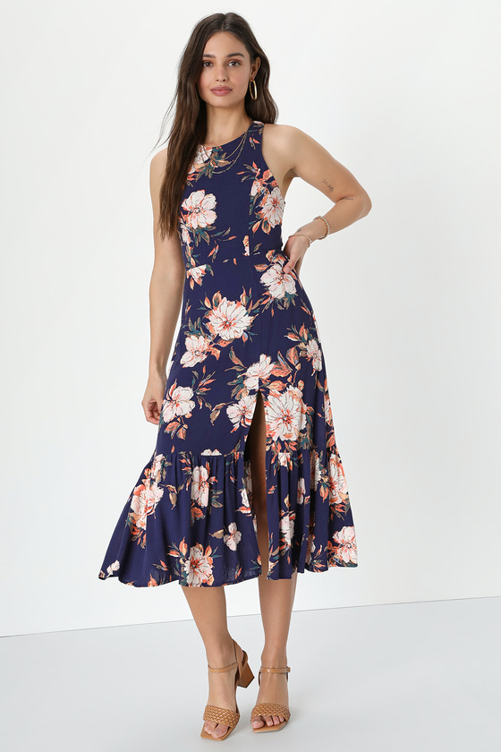 Navy Blue Floral Print Tie Back Dress Tiered Midi Dress Lulus