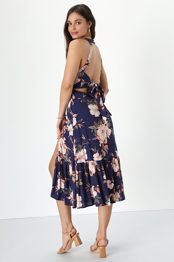Navy Blue Floral Print Tie Back Dress Tiered Midi Dress Lulus