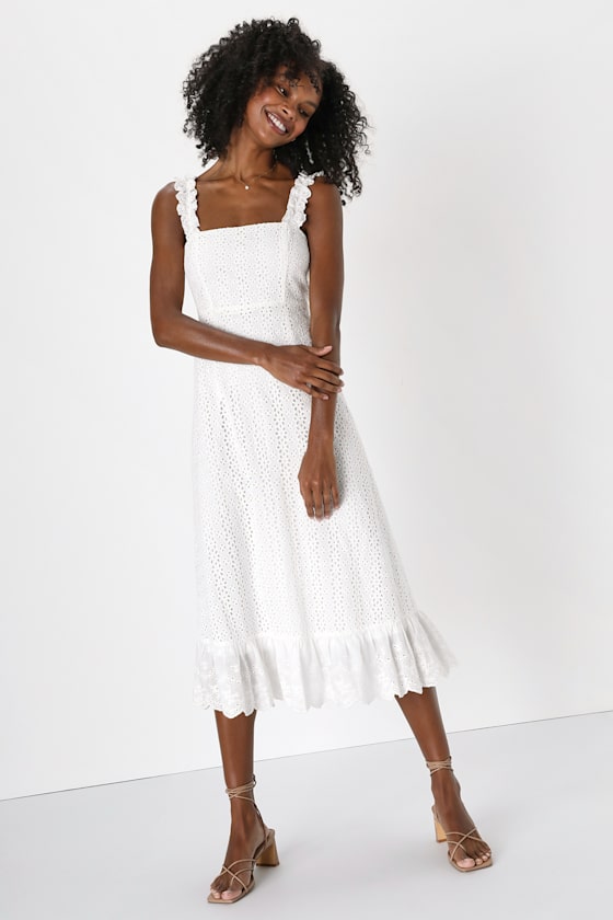 White Pierced Eyelet Dress - Ruffled Midi Dress - Eyelet Dress - Lulus