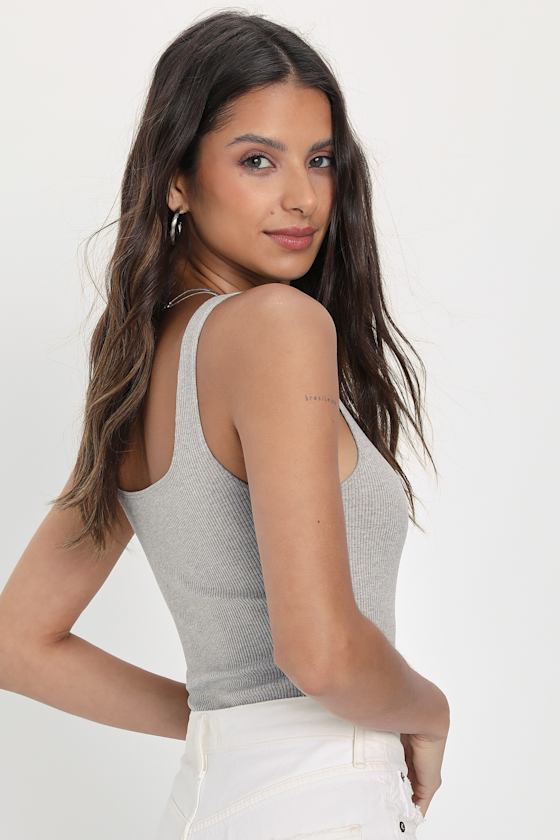 Heather Grey Bodysuit - Ribbed Knit Bodysuit - Square Neck Top - Lulus