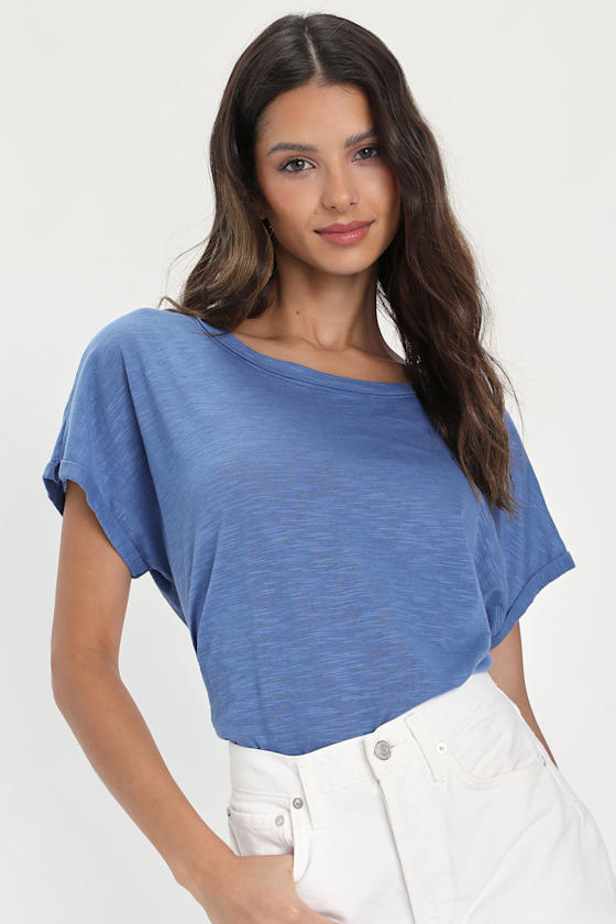 Blue Heather Top - Short Sleeve Top - Scoop Neck Top - Tshirt - Lulus