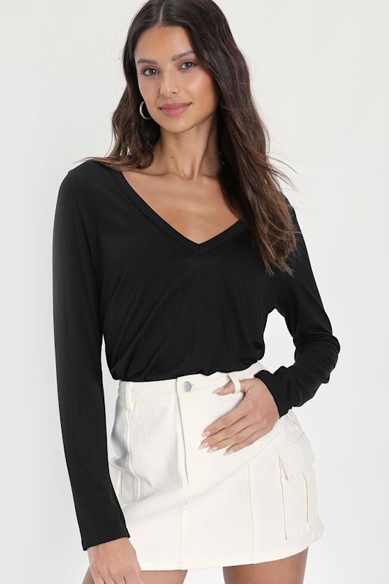 Black Long Sleeve Top - V-neck Top - Black Basic Tee - Lulus