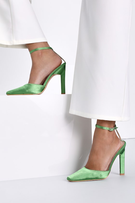 Green Satin Heels - Pointed-Toe Heels - Ankle Strap Pumps - Lulus