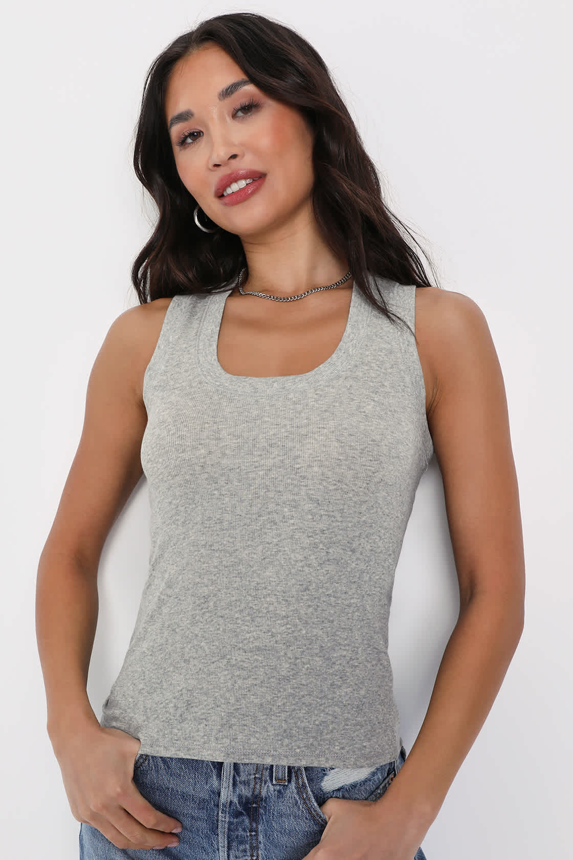 Free People U-Neck Tank - Grey Ribbed Tank Top - Sleeveless Top - Lulus