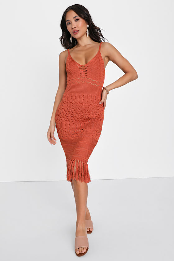 Rust Orange Dress - Crochet Midi Dress - Rust Knit Dress - Lulus