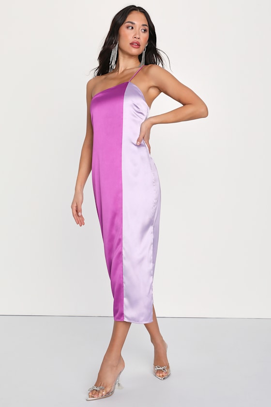Purple Color Block Dress - Satin Midi Dress - One-Shoulder Dress - Lulus