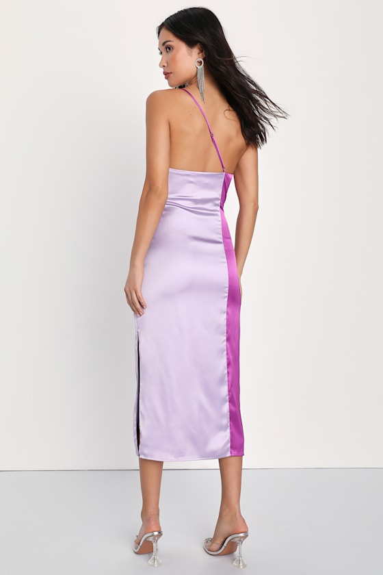 Purple Color Block Dress - Satin Midi Dress - One-Shoulder Dress - Lulus