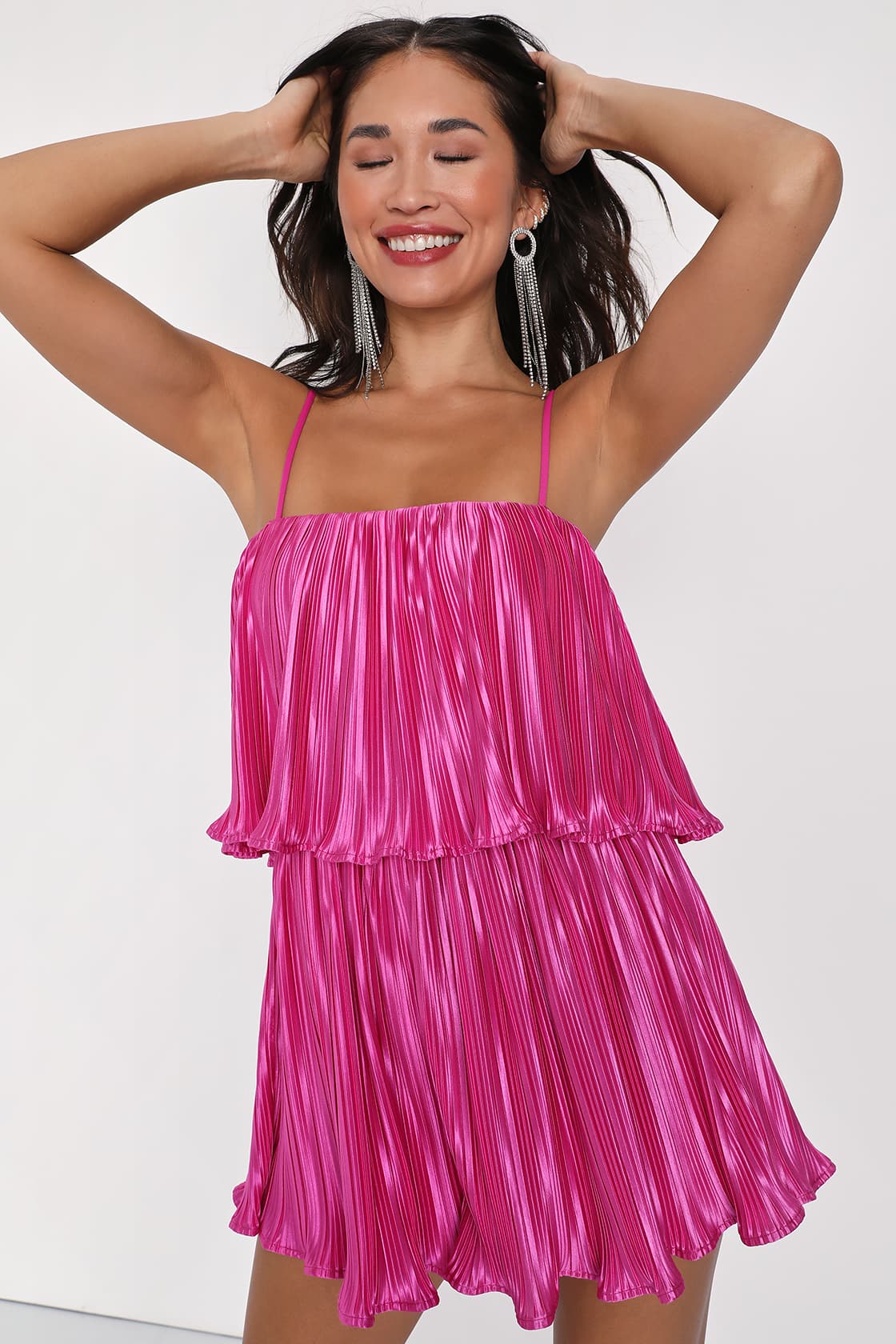 Hot Pink Romper - Satin Plisse Romper - Sleeveless Romper - Lulus