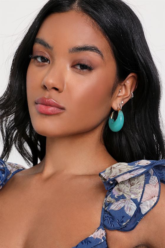 Gold and Blue Hoops - Chunky Acrylic Hoops - Statement Hoops - Lulus