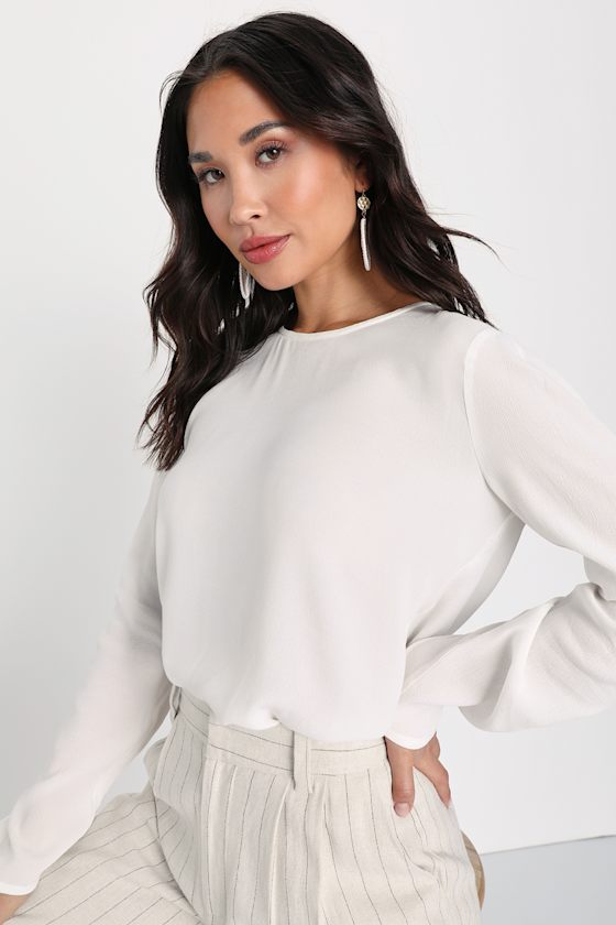 White Long Sleeve Top - White Crew Neck Blouse - Office Chic Top - Lulus
