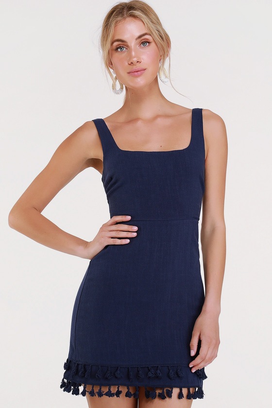 Fun Navy Blue Dress Square Neck Dress Blue Tassel Mini Dress Lulus