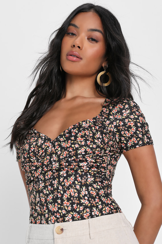 Black Floral Bodysuit Short Sleeve Bodysuit Floral Print Top Lulus
