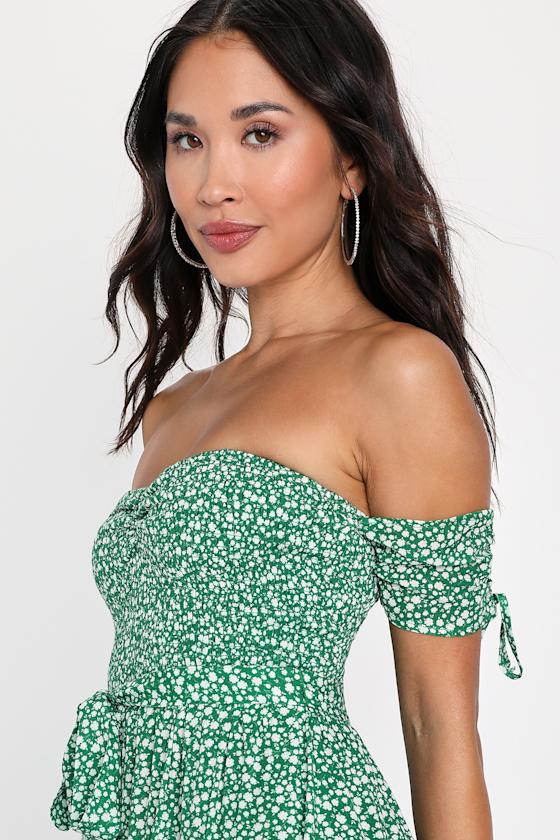 Green Floral Mini Dress - Smocked OTS Dress - OTS Mini Dress - Lulus