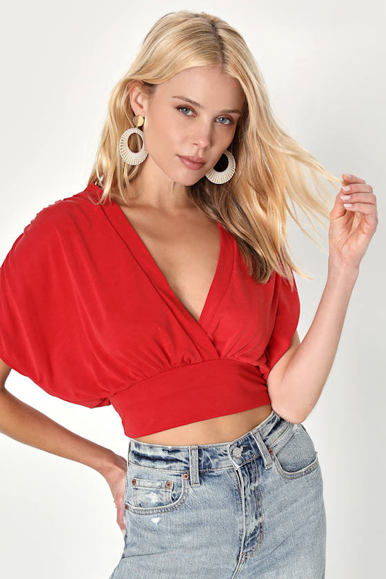 Cute Red Crop Top - Ruched Sleeve Top - Cropped Surplice Top - Lulus