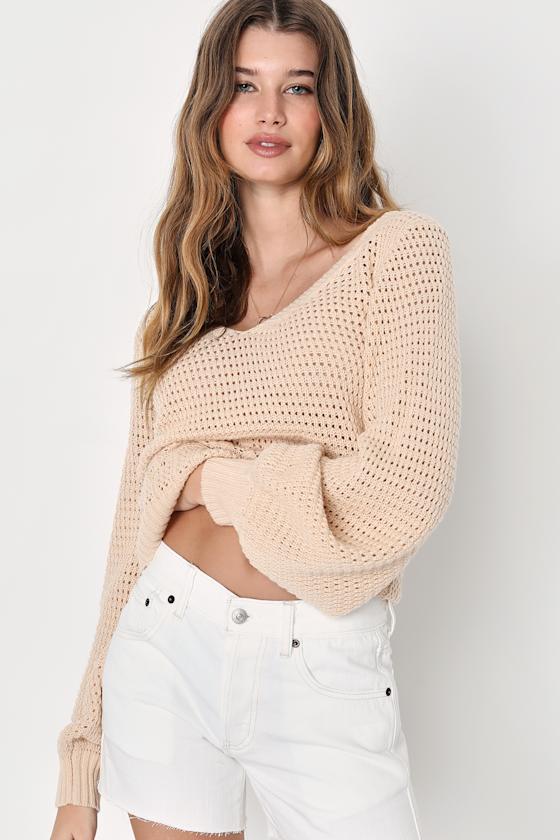 Beige Knit Sweater Top - Pointelle Knit Sweater - Sheer Knit Top - Lulus