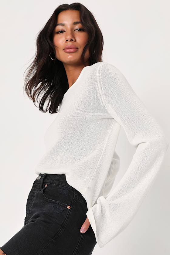 White Tie-Back Sweater Top - White Sweater - Bell Sleeve Sweater - Lulus