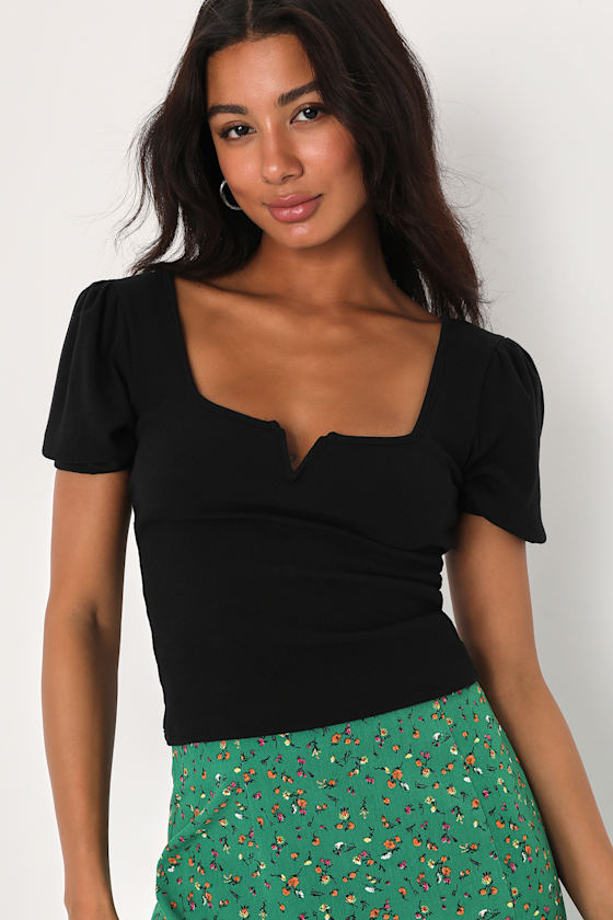 Black Puff Sleeve Top - Ribbed Knit Top - Black Ribbed Top - Lulus