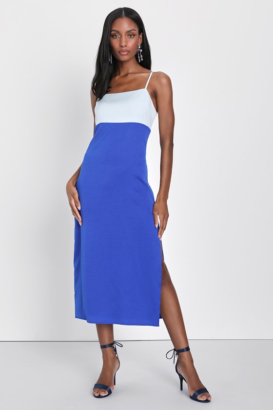 Blue Color Block Dress - Shift Midi Dress - Sleeveless Midi Dress - Lulus