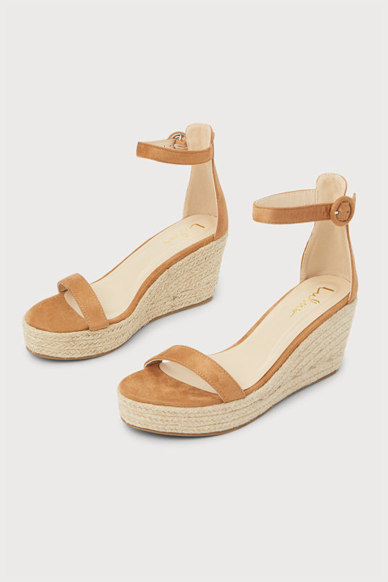Camel Faux Suede Sandals - Espadrille Wedges - Ankle-Strap Wedges - Lulus
