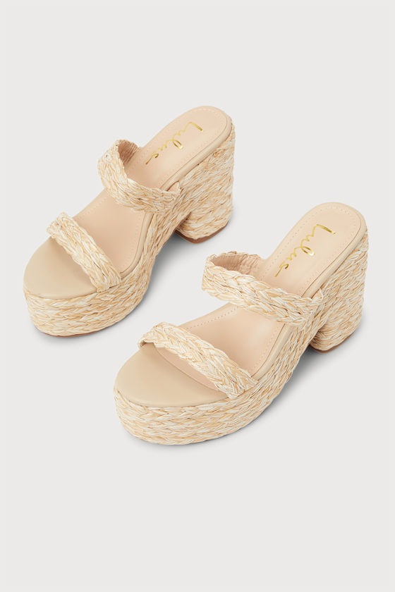 Beige Raffia Sandals - Platform Slide Sandals - Raffia Sandals - Lulus