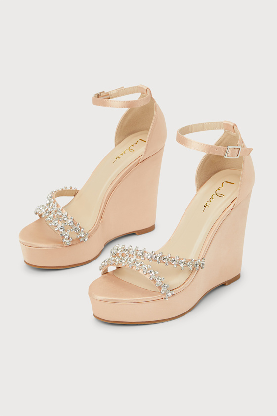 Rose Gold Wedge Sandals - Satin Sandals - Rhinestone Wedges - Lulus