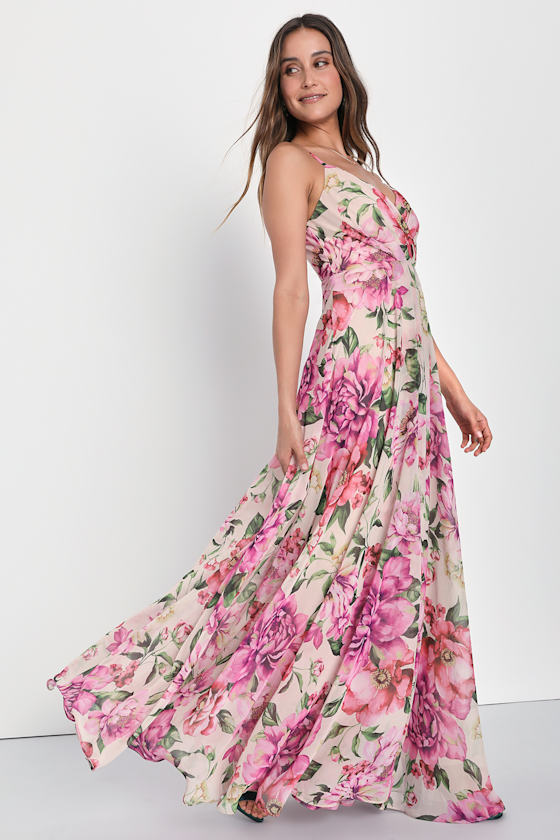 Pink Floral Print Dress Surplice Maxi Dress Sleeveless Dress Lulus
