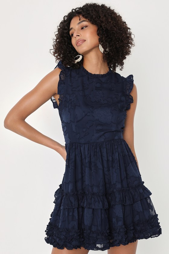 Blue High Neck Mini Dress Burnout Floral Dress Ruffled Dress Lulus