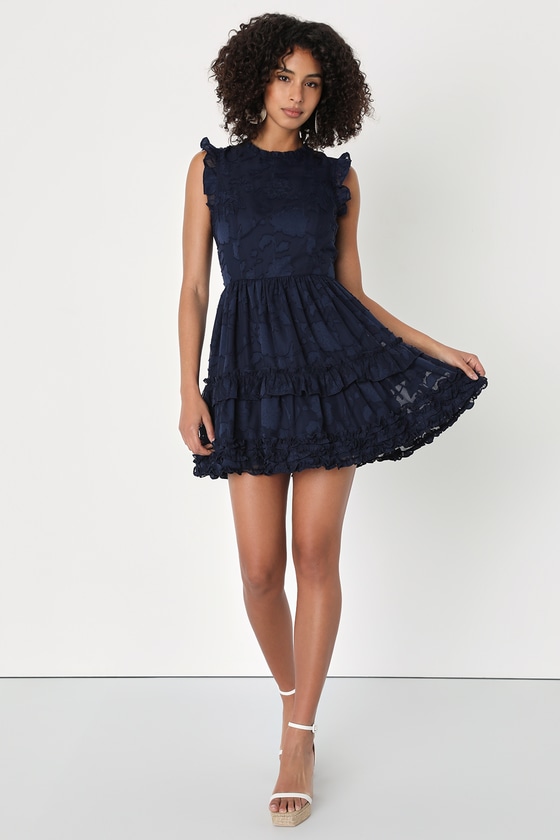 Blue High Neck Mini Dress Burnout Floral Dress Ruffled Dress Lulus