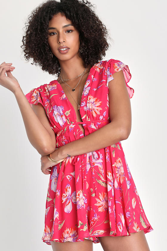 Hot Pink Romper - Floral Print Romper - Flutter Sleeve Romper - Lulus