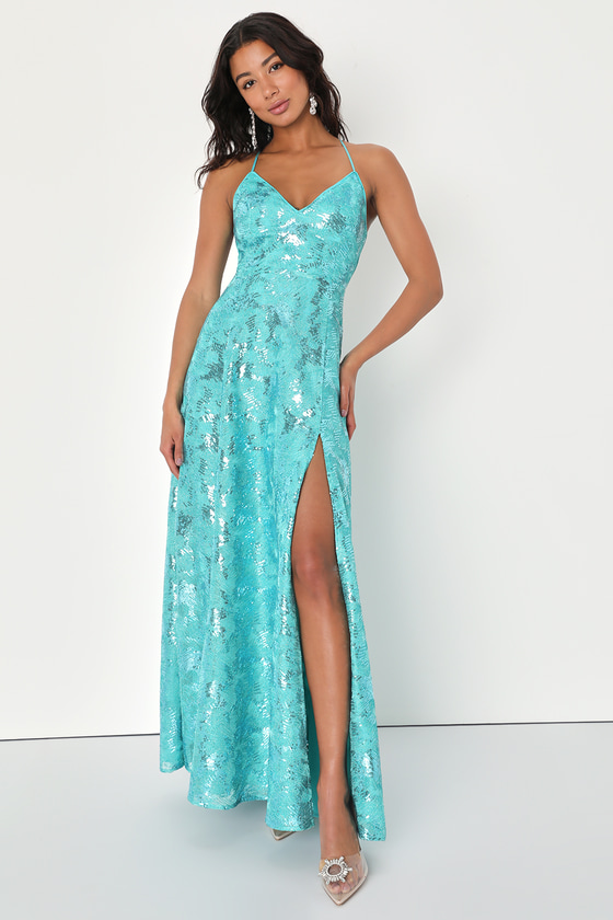 Shiny Teal Green Dress Sequin Dress Lace Up Maxi Dress Lulus