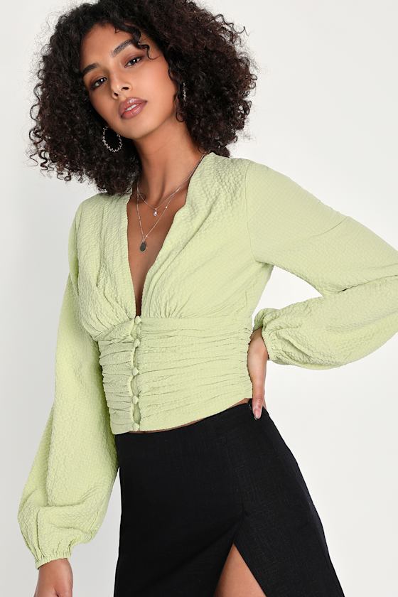 Green Long Sleeve Blouse - Crinkle-Woven Blouse - Button-Up Top - Lulus