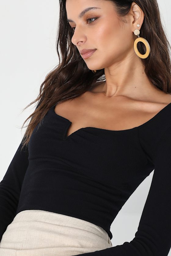Black Ribbed Top - Long Sleeve Top - Notched Neck Top - Lulus