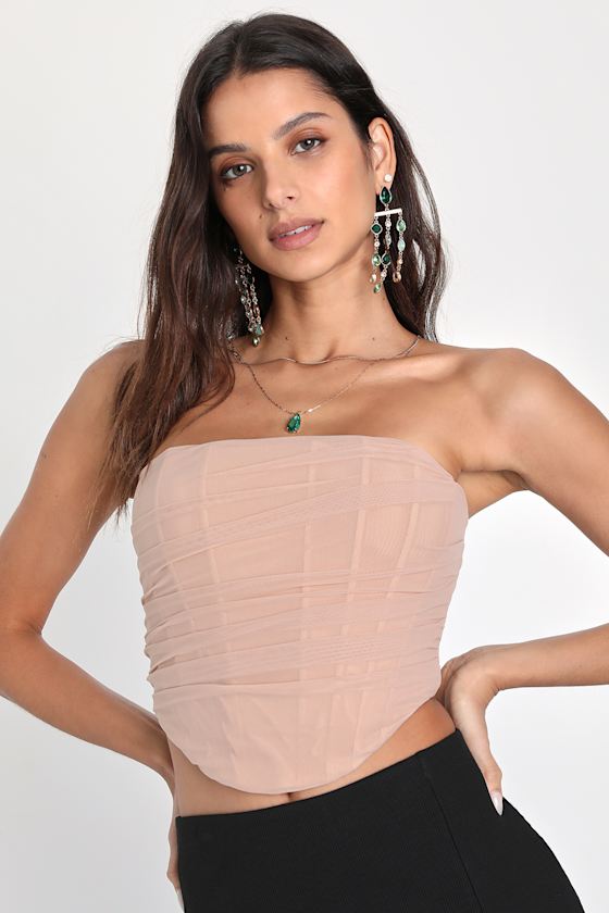 Beige Mesh Crop Top - Corset Top - Bustier Top - Strapless Top - Lulus
