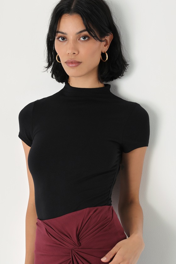 Black Bodysuit Jersey Knit Bodysuit Mock Neck Bodysuit Lulus