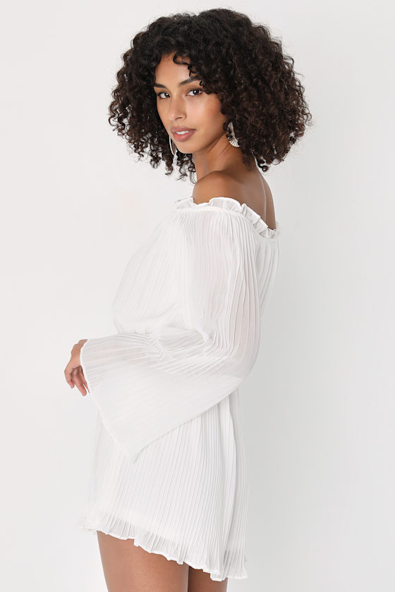 White Pleated Romper - OTS Romper - Pleated Long Sleeve Romper - Lulus