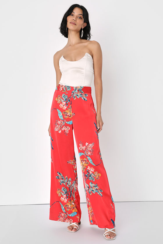 Red Floral Satin Pants - Floral Print Pants - Wide-Leg Pants - Lulus