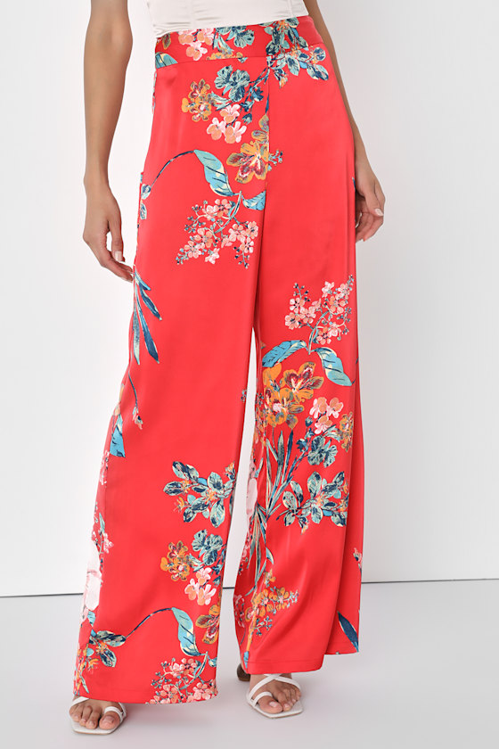 Red Floral Satin Pants - Floral Print Pants - Wide-Leg Pants - Lulus