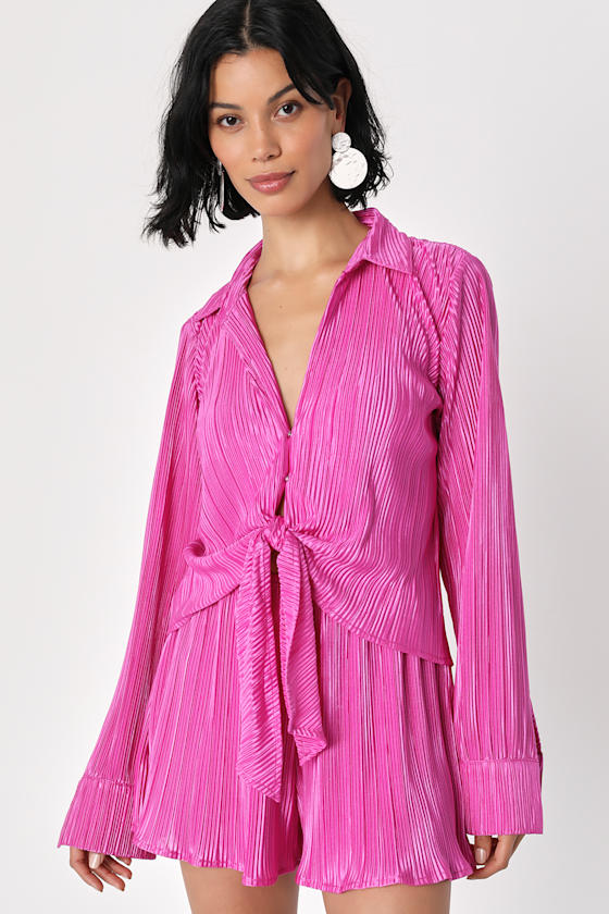 Fuchsia Shorts - Satin Plisse Shorts - High-Waisted Shorts - Lulus