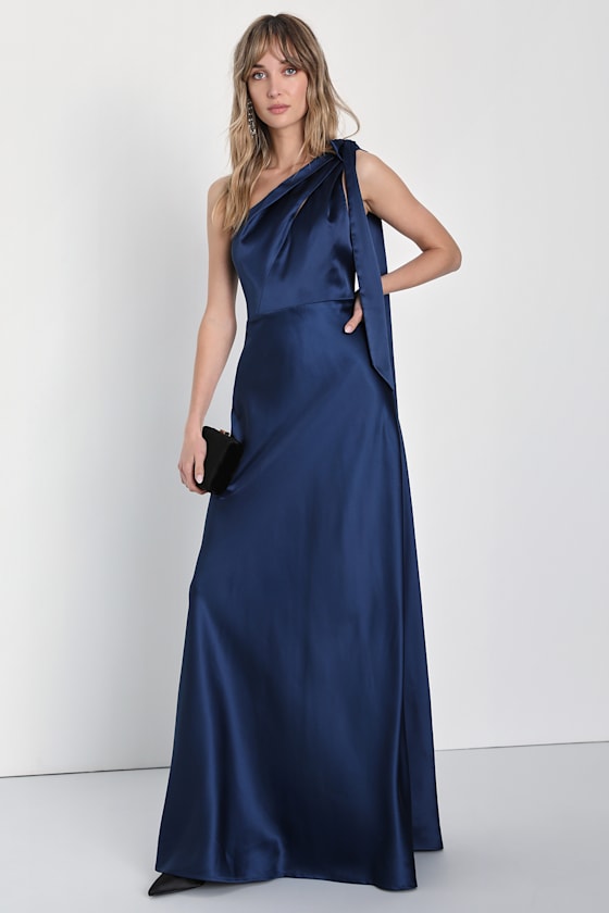Navy Blue Maxi Dress - Satin Maxi Dress - One-Shoulder Maxi Dress - Lulus