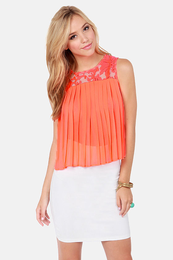 Fun Neon Coral Top - Pleated Top - Embroidered Top - $42.00 - Lulus