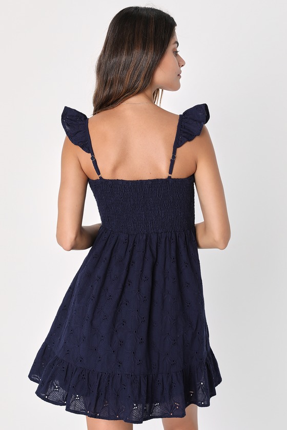 Navy Blue Mini Dress Smocked Mini Dress Embroidered Dress Lulus