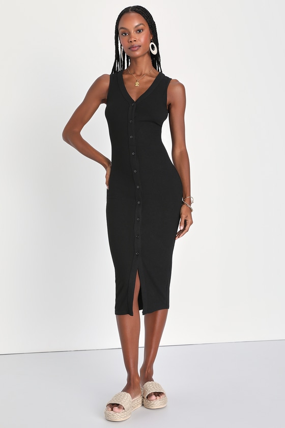 Black Ribbed Dress Bodycon Midi Dress Button Front Midi Dress Lulus