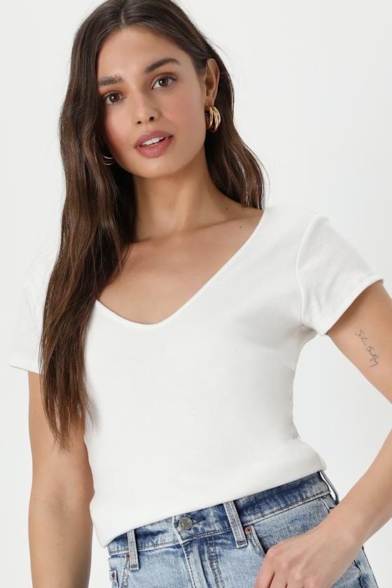 White Short Sleeve Top - V-Neck Top - Slub Knit Top - Tshirt - Lulus