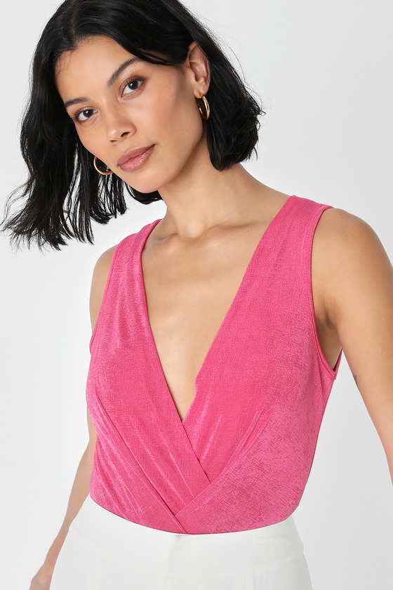 Pink Slinky Knit Bodysuit Surplice Bodysuit Sleeveless Top Lulus
